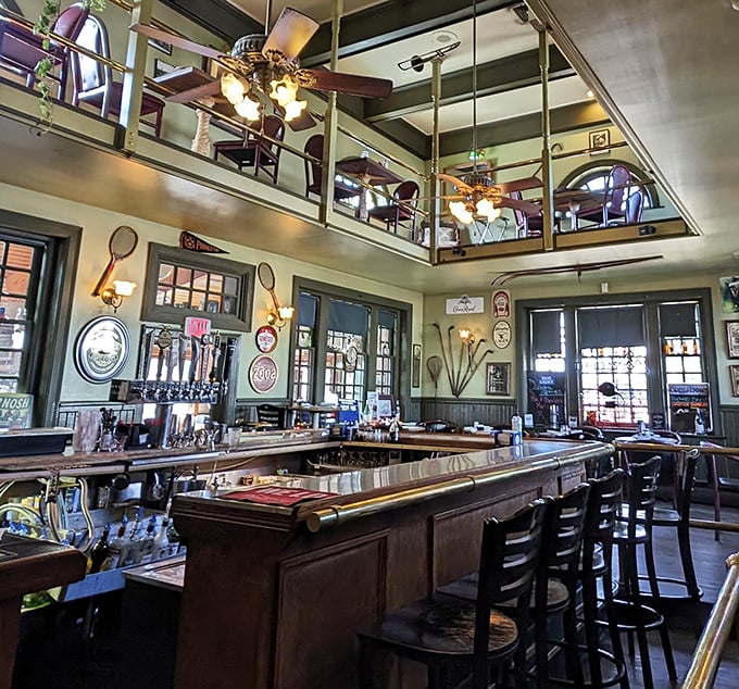 The bar area elevates train station chic with its impressive ceiling height, vintage sports memorabilia, and the promise of Pennsylvania craft beers on tap.