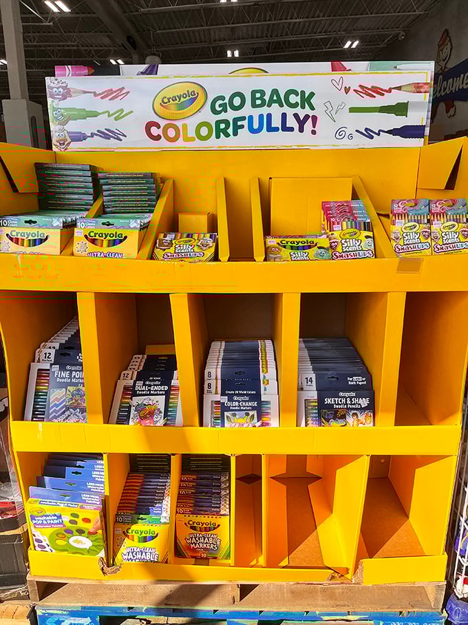 Crayola display that's brighter than my future. Go back colorfully indeed—to when art supplies didn't require a second mortgage.