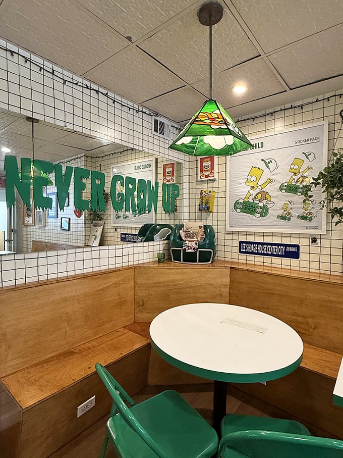 The "Never Grow Up" corner—complete with Simpsons memorabilia and playful decor—where sandwich enthusiasts can embrace their inner child.