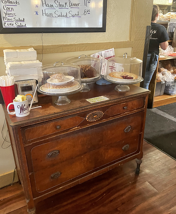 The dessert dresser—an antique piece of furniture that's found its true calling as a display case for homemade pies under glass domes.