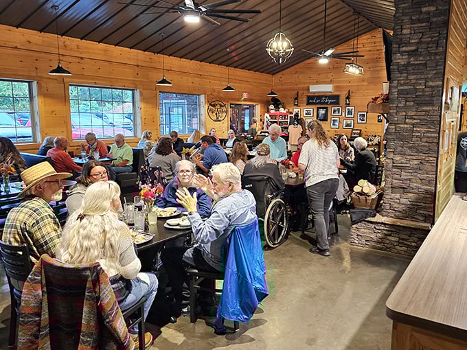 The dining room buzzes with conversation and laughter—proof that good food brings people together in this wood-paneled sanctuary of deliciousness.