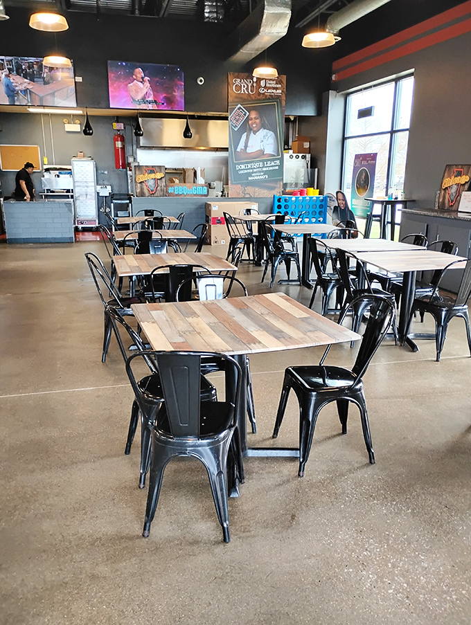 Industrial chic meets barbecue functionality—a dining room where the only distraction from your meal is watching other diners' expressions of pure joy.