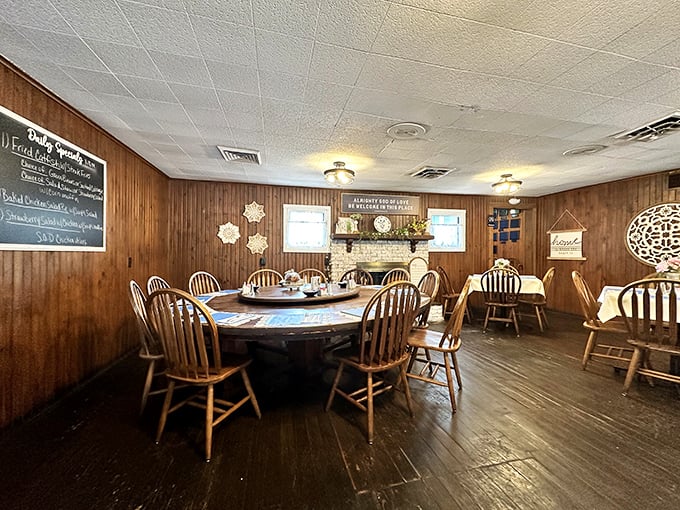 A dining room where conversations flow as easily as the coffee, with wooden accents that have witnessed countless birthday celebrations and Sunday gatherings.
