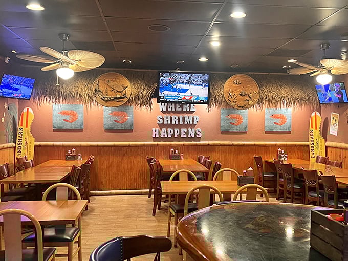 "WHERE SHRIMP HAPPENS" isn't just a cute sign – it's the restaurant's philosophy in three perfect words.