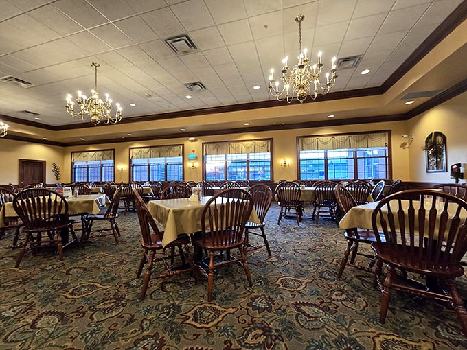 The dining room balances elegance and comfort with its chandeliers and colonial-style chairs—like Downton Abbey decided to open a really great restaurant in Ohio.