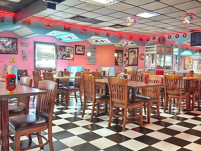 The checkered floor isn't just decoration—it's a chess board where the game is deciding between sweet or savory for your next visit.
