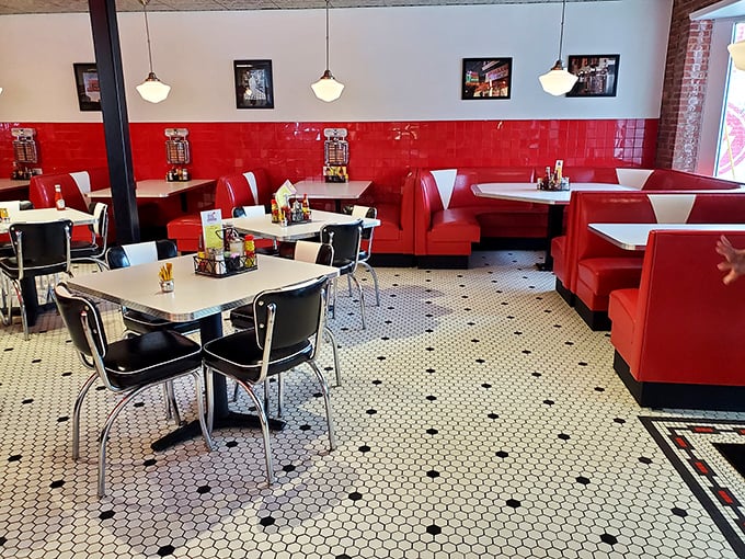 Red vinyl booths against crisp white tables create the perfect backdrop for memories made between bites of Southern classics.