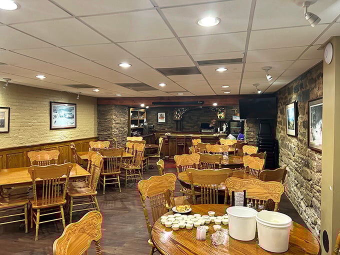 Stone walls and wooden chairs create that "everybody knows your name" vibe. Not designed by an Instagram influencer, but by generations of happy diners.