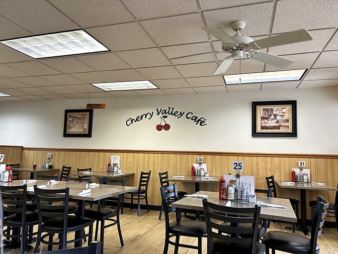 Cherry Valley Cafe's dining room – where ceiling fans gently stir the aromas of breakfast and conversations flow as freely as the coffee.