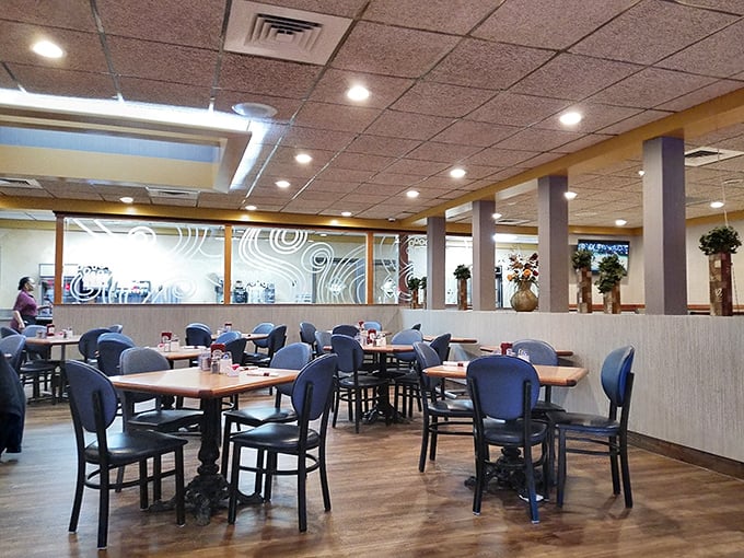 The dining room's clean, spacious layout offers the perfect backdrop for the real star—whatever's about to arrive on your plate.