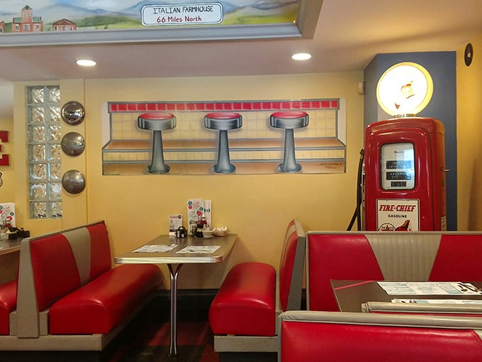 The vintage gas pump isn't just decoration—it's pumping nostalgia directly into your dining experience.