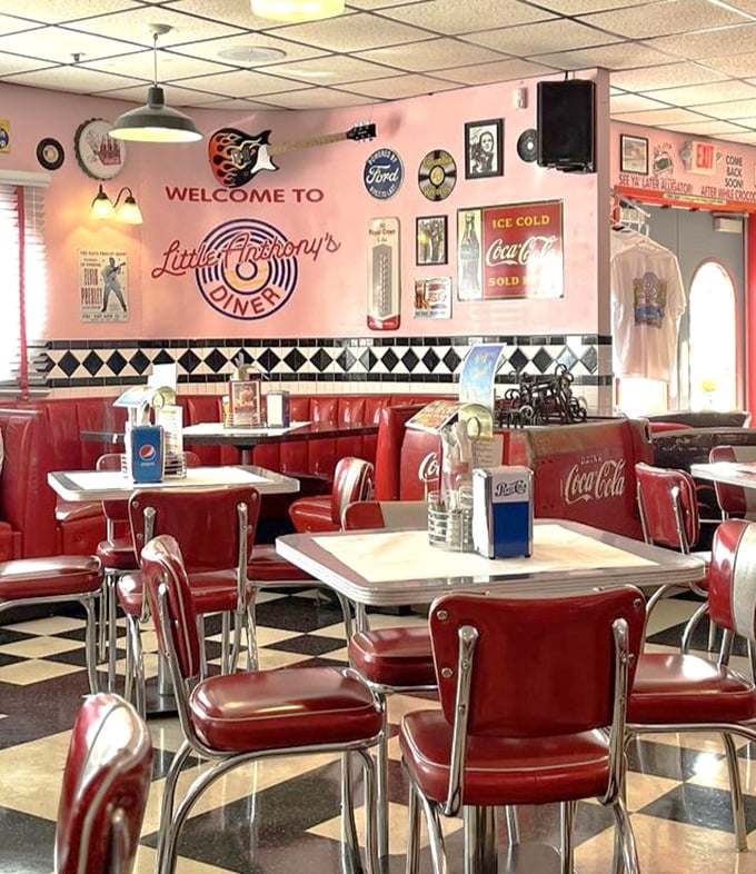 The "Welcome to Little Anthony's" sign isn't just decoration—it's a promise. These tables have witnessed first dates, family celebrations, and countless food comas.