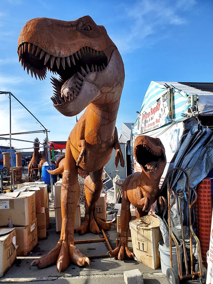 Prehistoric statement pieces that make garden gnomes look positively understated. Nothing says "distinctive landscaping" quite like a seven-foot T-Rex.