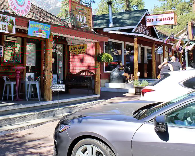 Colorful storefronts invite exploration along Idyllwild's main drag. That pink building isn't just a hair salon—it's a mountain fashion statement.