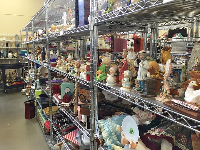 The figurine section – where holiday decorations, ceramic knickknacks, and yesterday's collectibles find temporary homes before joining new families.