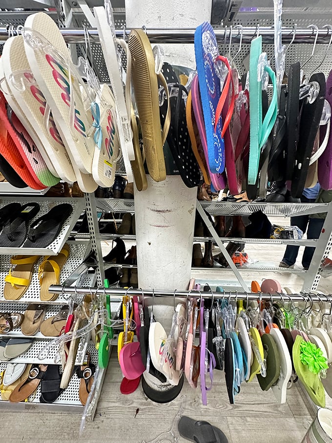The flip-flop wall—where summer dreams hang year-round, waiting for warm weather and sandy beaches to make them relevant again.