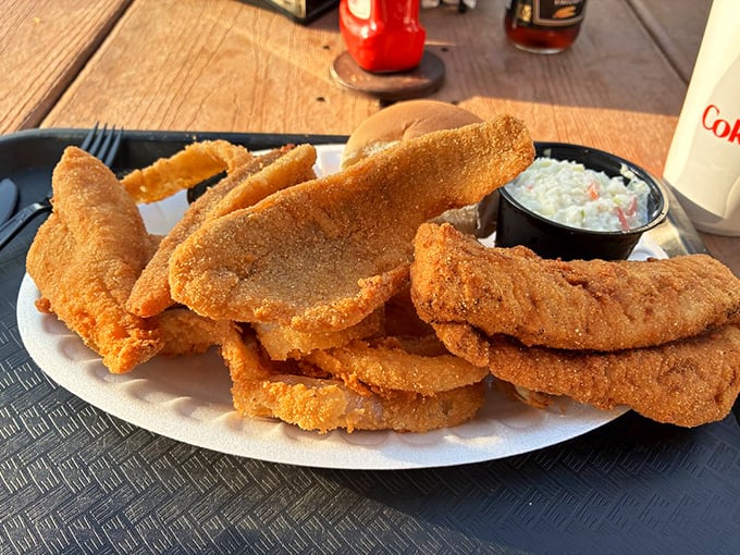 Lake Erie's finest, wearing a golden coat of honor. These walleye fillets aren't just fried—they're elevated to the seafood hall of fame.