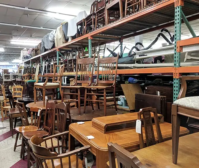 Wooden chairs stacked like a game of furniture Jenga. Each one with its own character and history, ready to become the "where did you get that?" piece in your dining room.