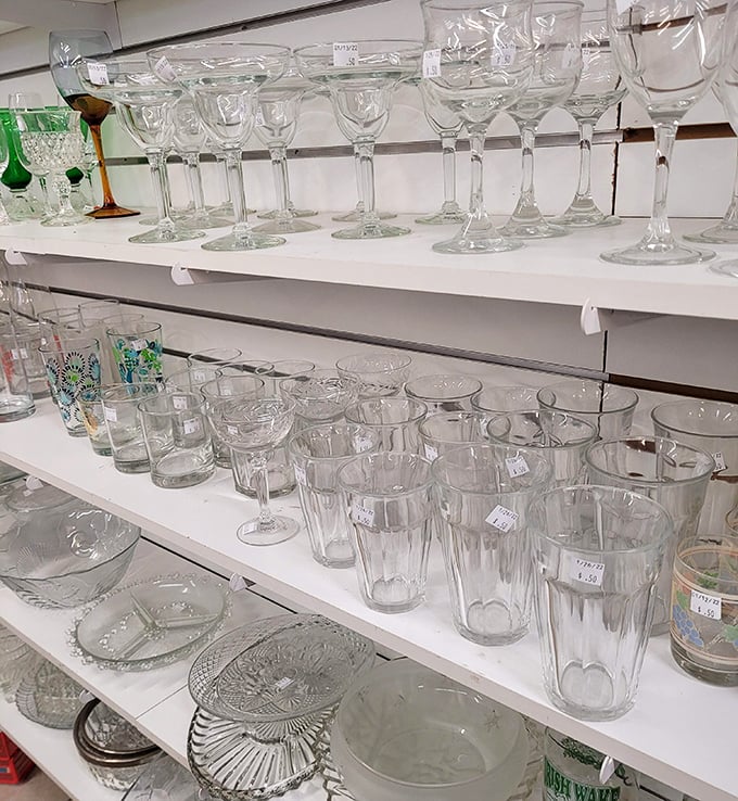 Crystal clear bargains! These gleaming glasses await their second act in your home, ready to serve everything from iced tea to cabernet.