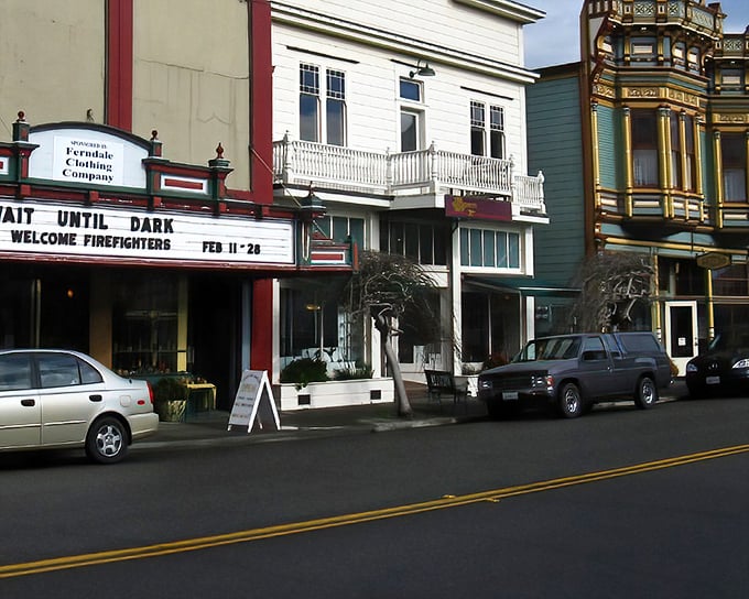 The historic theater marquee stands as a reminder that entertainment in Ferndale doesn't require streaming services—just community and creativity.