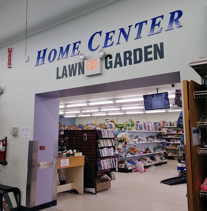 Beyond the Home Center archway lies a wonderland of household possibilities – from garden tools to forgotten board games and plush toys.