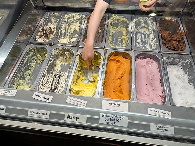 The gelato case—where difficult decisions are made daily and diet resolutions go to die. Worth every delicious calorie.