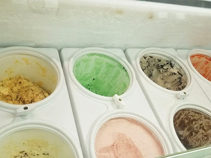 The ice cream case—where dreams are stored at precisely 10 degrees. Each pastel-colored compartment holds a different path to happiness.