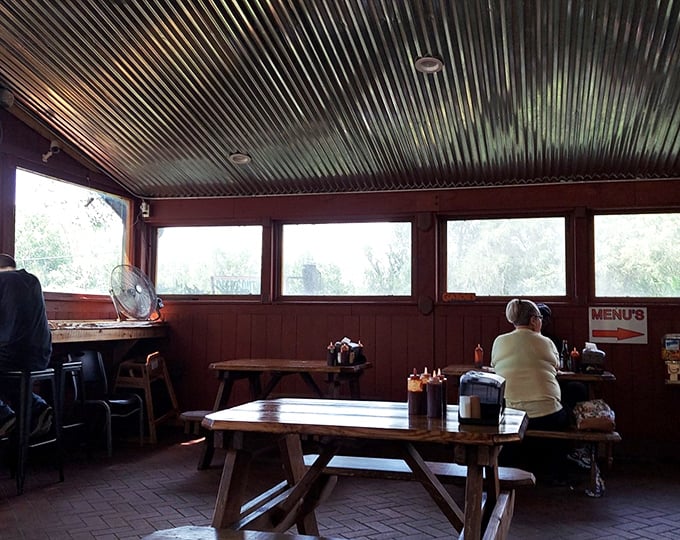 The corrugated ceiling reflects more than light—it bounces back decades of BBQ tradition. Windows frame Florida greenery while picnic tables invite lingering conversations.