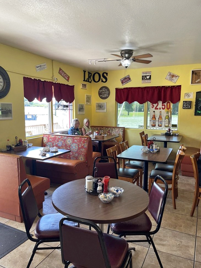Booths with floral patterns, tables with condiment caddies, and walls adorned with local charm—the diner aesthetic perfected without trying too hard.