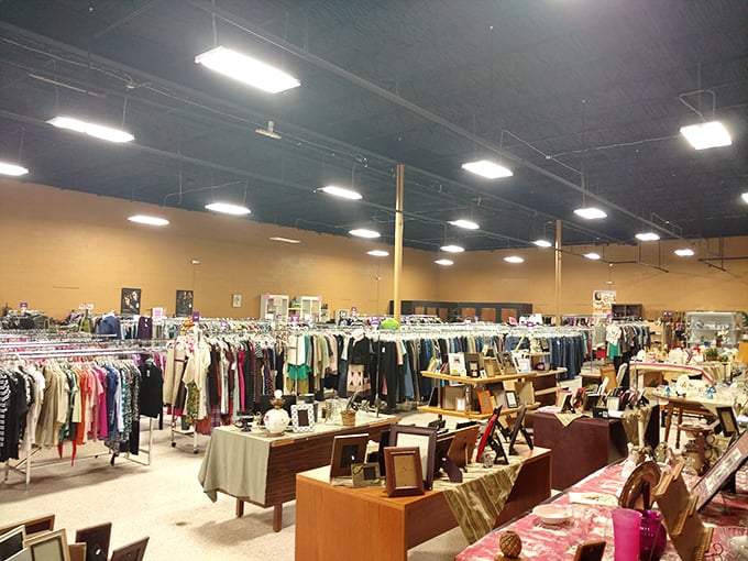 High ceilings and endless racks create a cathedral of consumerism reimagined—worship at the altar of sustainable shopping. 