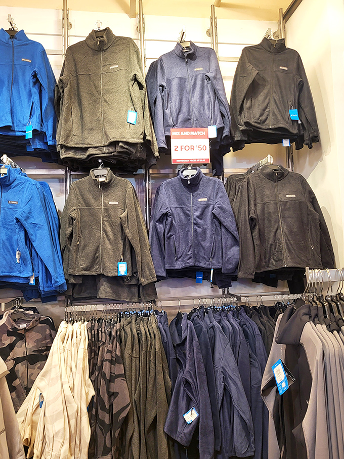 The "mix and match" jacket display: where Florida visitors suddenly remember that other states have actual winters requiring actual outerwear.