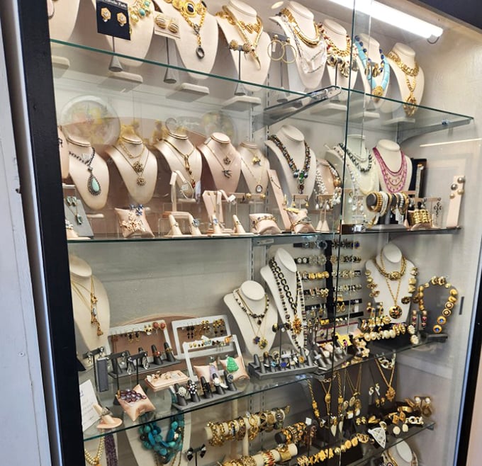 The jewelry case gleams with potential heirlooms waiting for their next chapter – from emerald statement pieces to pearls that could tell fascinating stories.