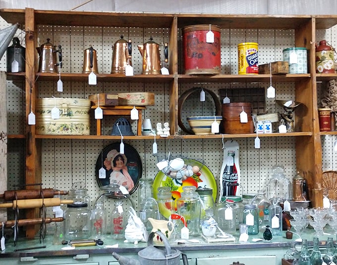 Kitchen artifacts from grandma's era, when copper meant quality and Coca-Cola came in glass. That Pepsi canister is practically architectural.