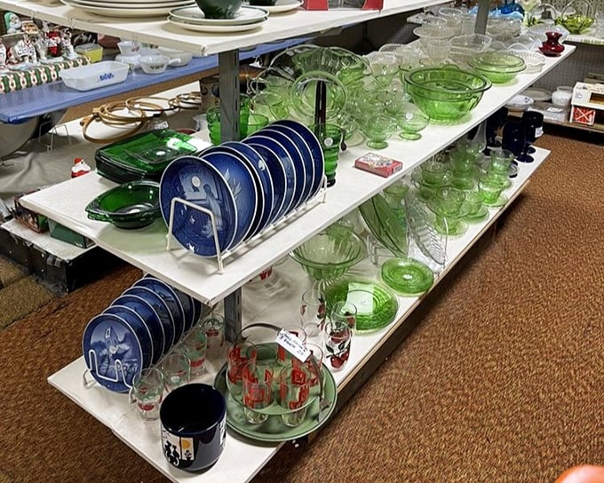 Depression glass heaven! These green and blue treasures survived the Great Depression and are ready to brighten up your dining table.