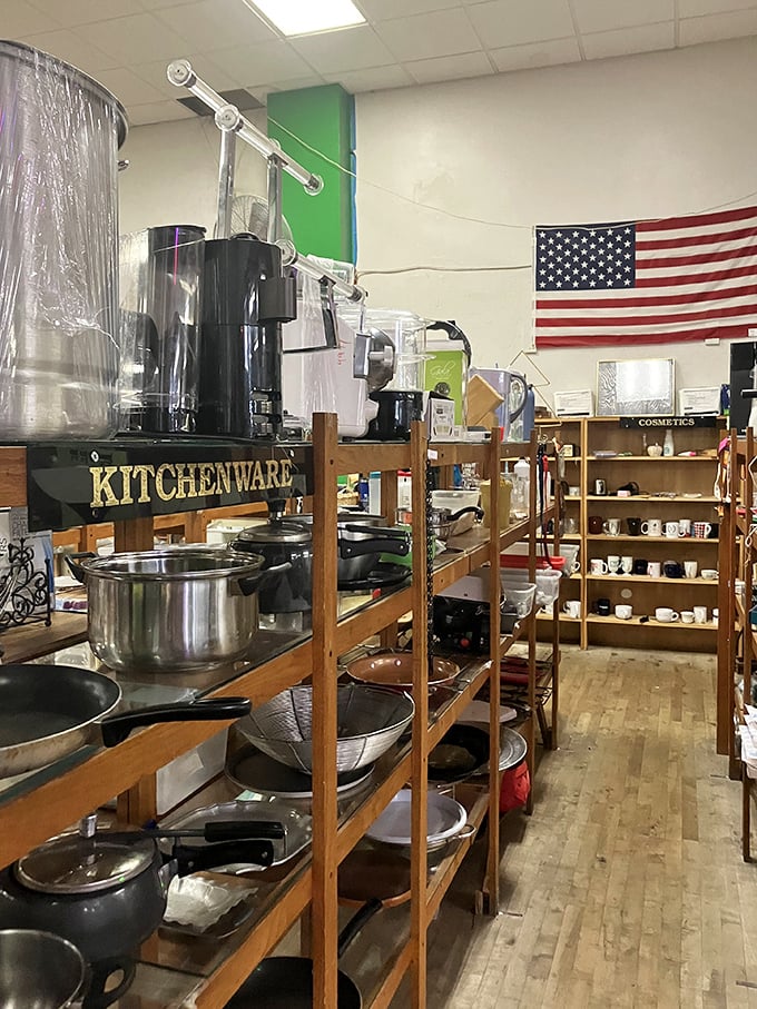 The kitchenware section stands ready to outfit aspiring chefs and practical home cooks alike—pots and pans with experience included at no extra charge.