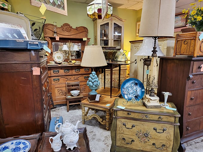 A treasure hunter's paradise where every lamp, chest, and teapot competes for your attention—and limited trunk space.