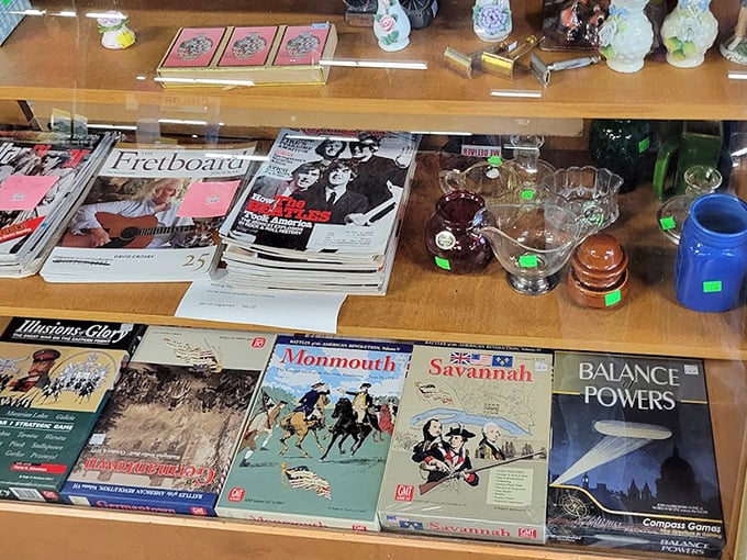 Magazine heaven for collectors – where vintage Rolling Stone covers and forgotten board games share shelf space in perfect harmony.