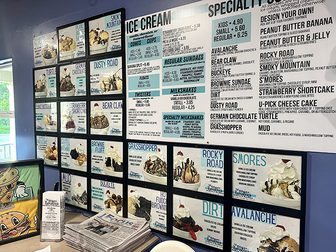 The wall of frozen dreams – where ice cream fantasies are cataloged, categorized, and waiting to become delicious reality.