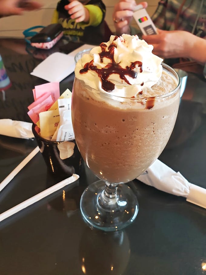 This frozen mocha creation isn't just a drink – it's what coffee dreams about becoming when it grows up.