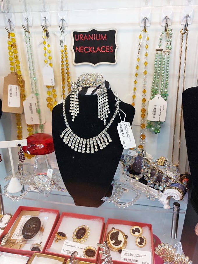 "Uranium Necklaces" might sound like a superhero origin story, but these vintage glass beauties actually glow under black light—no superpowers included.