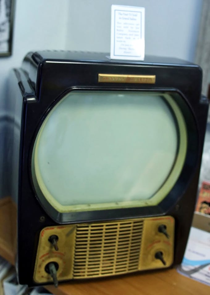 This vintage television once broadcast news about Grand Saline's salty claim to fame – rabbit ears included, reception quality not guaranteed.