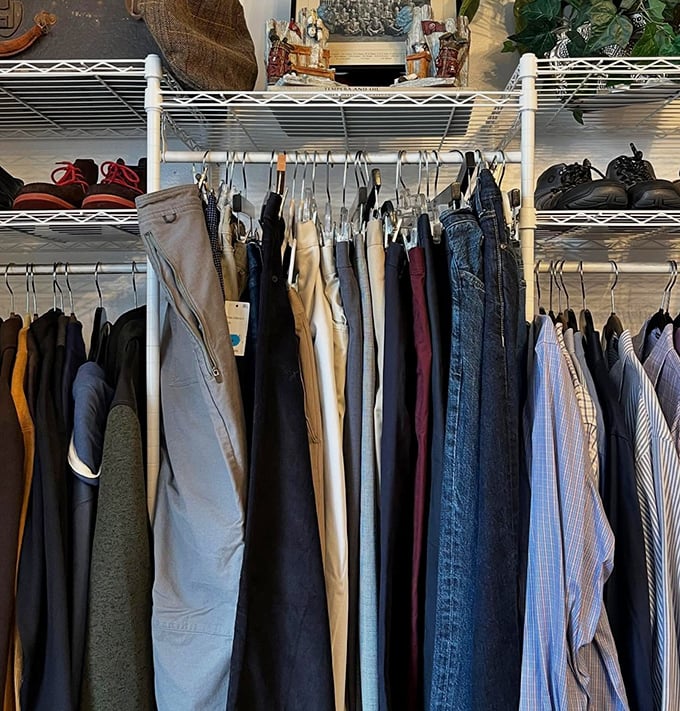Men's pants, meticulously organized by size and style. That perfect pair of khakis isn't just possible—it's practically inevitable at these prices.