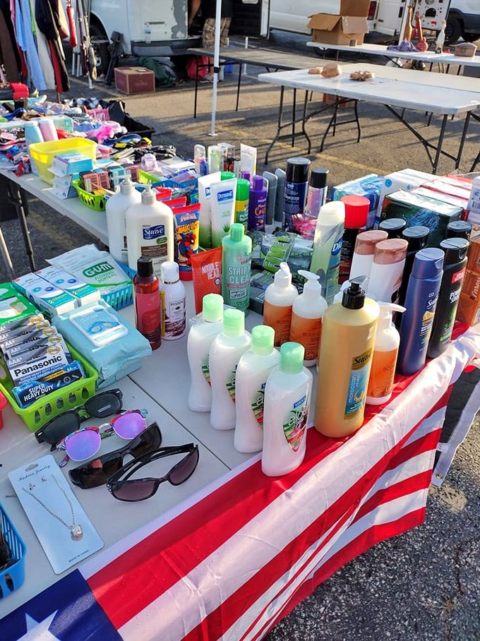 The beauty aisle of Peddlers – where half-used shampoo bottles and sunglasses create an oddly compelling still life of American consumerism.