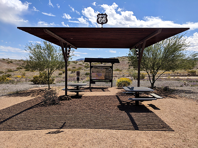 Route 66 rest areas: where road-weary travelers can contemplate the desert's vastness under a shaded pavilion. The original social distancing spot.