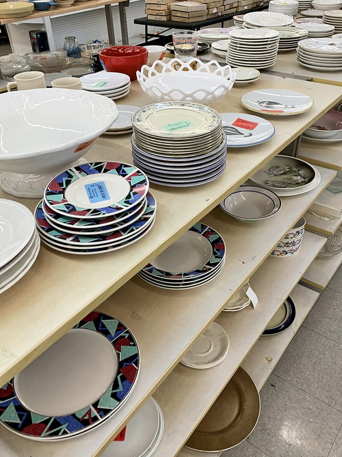 Dish-covery zone! Someone's wedding registry rejects become your eclectic dinner party collection. That geometric pattern is definitely coming back in style.