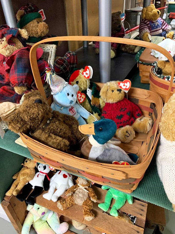 Beanie Babies and teddy bears galore—this basket of plush companions proves that some childhood treasures never lose their charm.