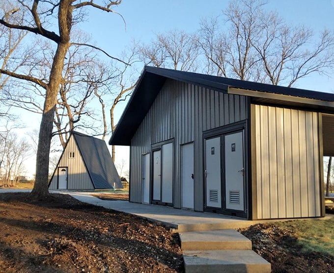 Even the facilities at Rutledge get the rustic treatment—these modern comfort stations blend seamlessly into the rural landscape while offering welcome relief.