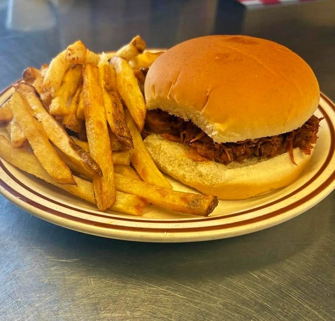 The pulled pork sandwich that makes vegetarians question their life choices. Tender, saucy meat on a pillowy bun with golden fries—comfort food that speaks directly to your soul.