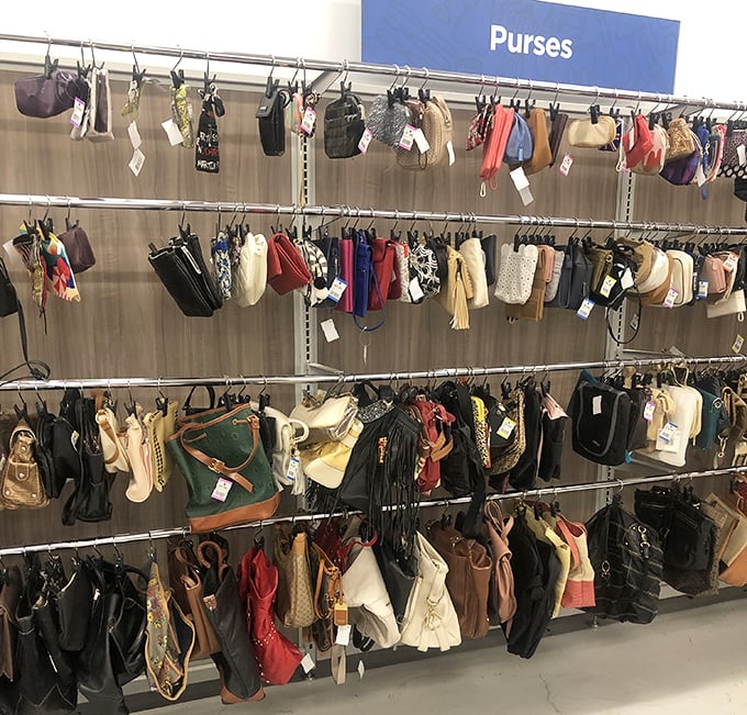 Purse paradise! Designer lookalikes and genuine vintage finds dangle like fashionable fruit, waiting for someone to give them a second chance at accessorizing.