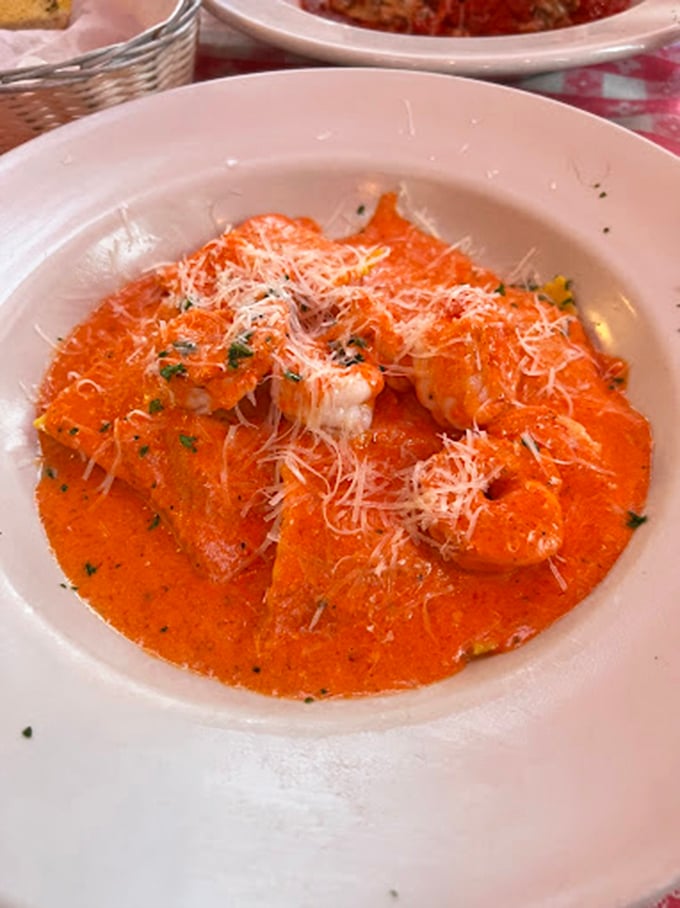 Ravioli swimming in rose sauce like little pasta pillows at a very delicious spa day.